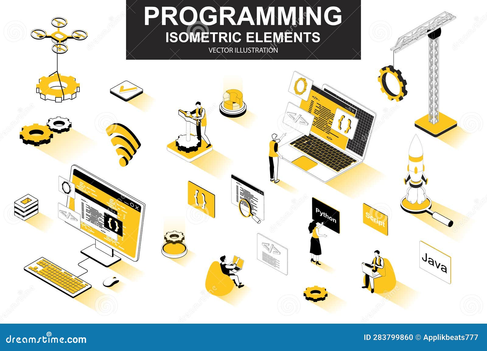 Programming Bundle of Isometric Elements. Developer Working, Program ...