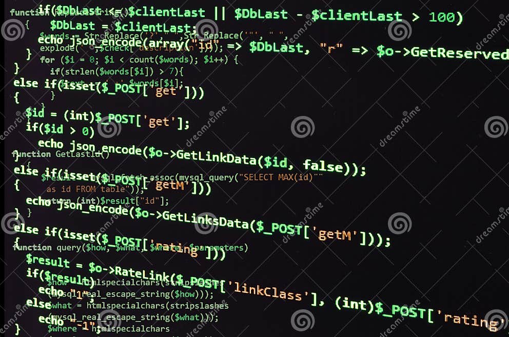 Programming Code on Black Screen, Green Text Stock Photo - Image of ...