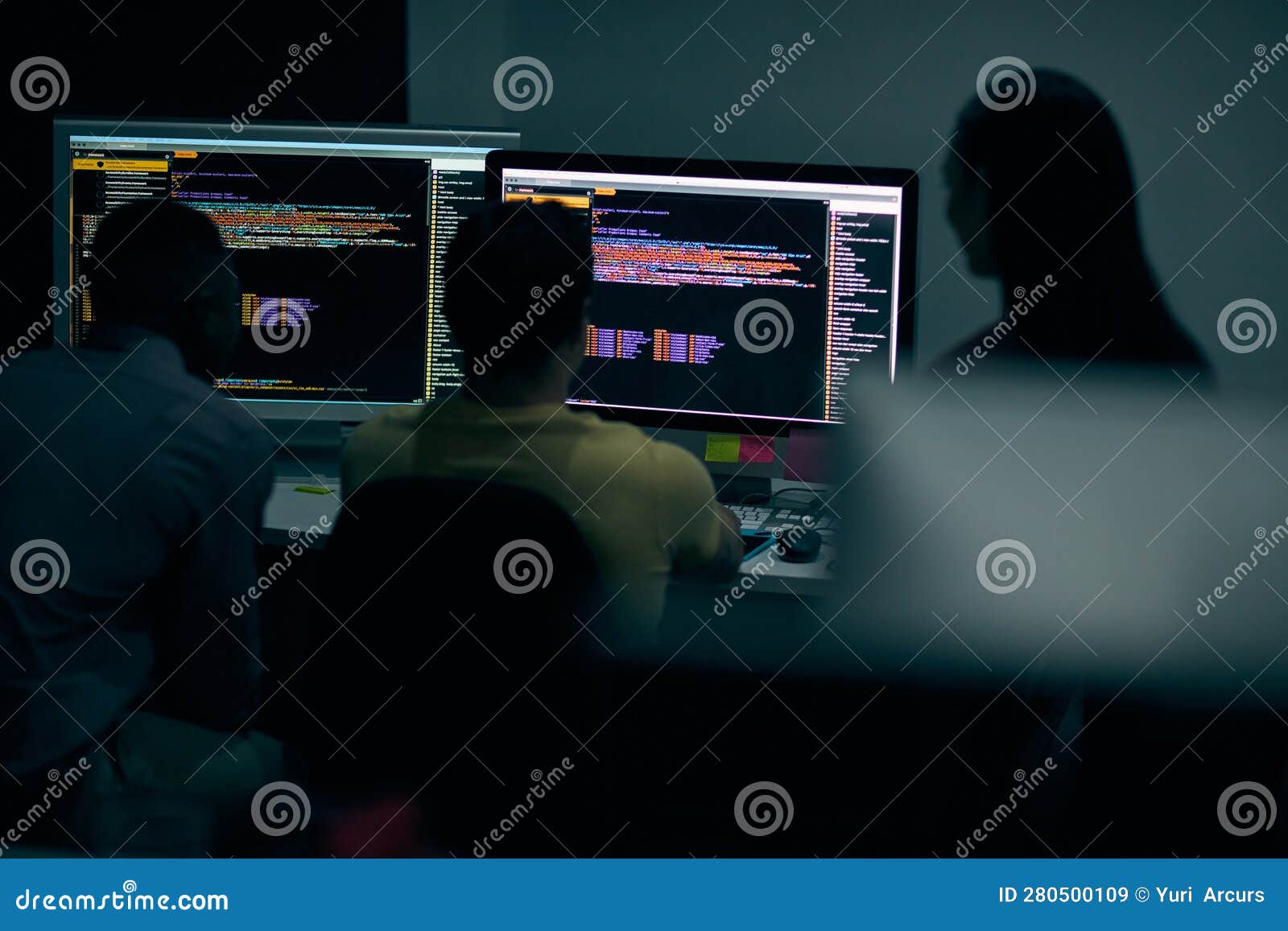 Programming, Code and Computer with Business People in Office at Night ...