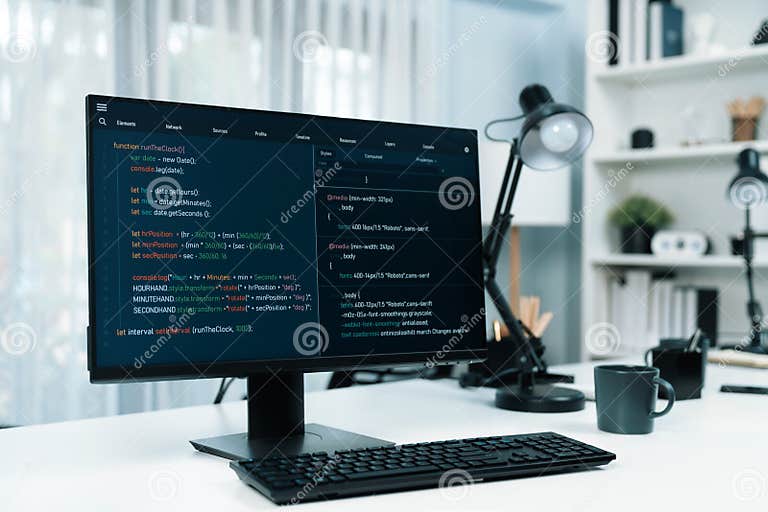 Programming Code on Computer Screen Desktop Placing on Working Desk ...