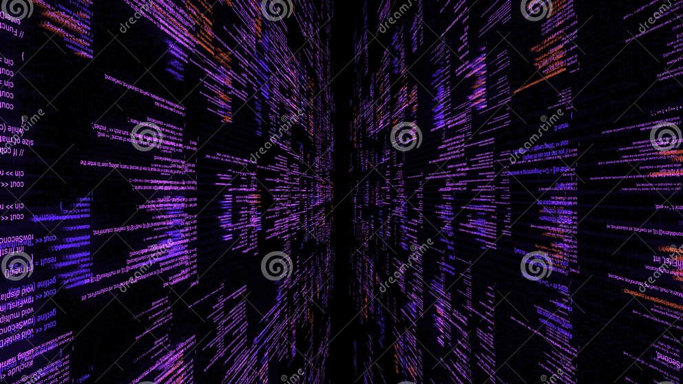 Programming Code Flowing on Black Background with 3D Effect, Seamless Loop. Animation. Abstract ...