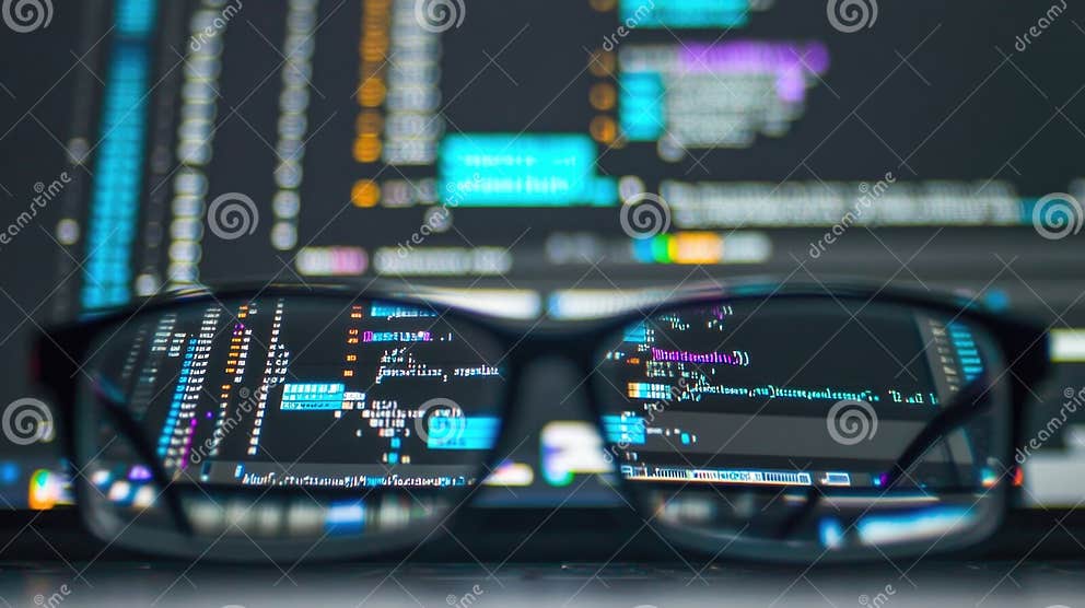 Programming Code through Glasses Lens with Blurred Computer Screen Displaying Source Code Stock ...