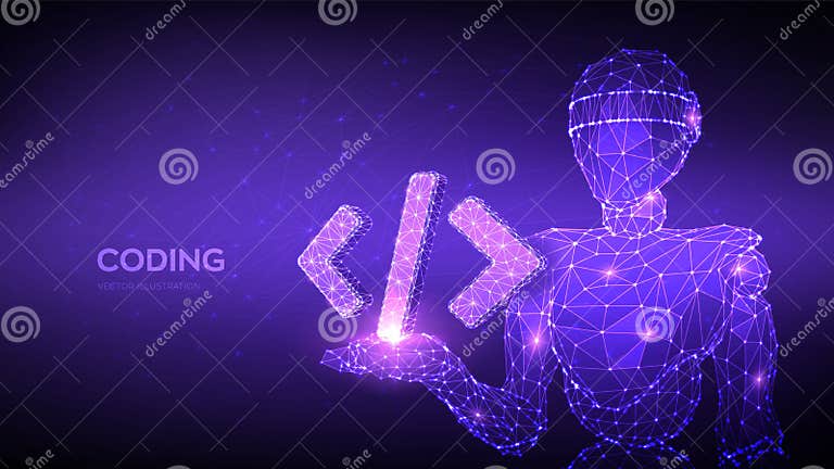 Programming Code Icon. Abstract 3d Robot Holding Programming Code ...