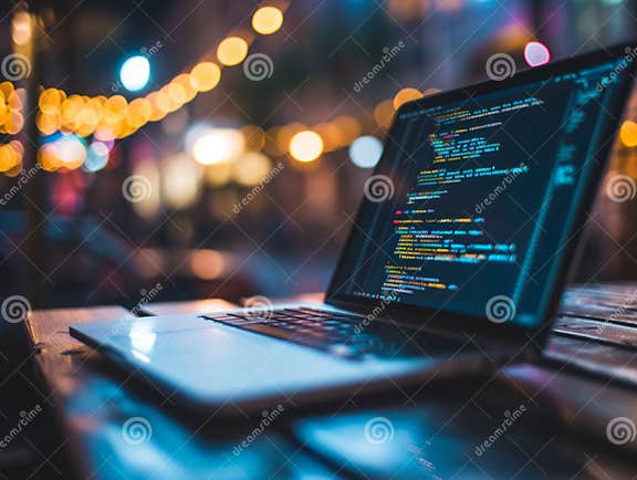 Programming Code on Laptop Computer Screen at Night in the City. Generative AI Stock ...
