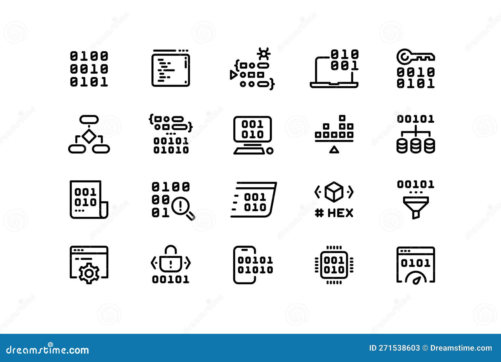Programming Code Line Icons Binary Hex And Machine Code Compiling And Running Software And