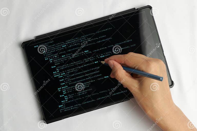 Programming and Coding Concept. a Hand with a Pencil Writes a Program ...