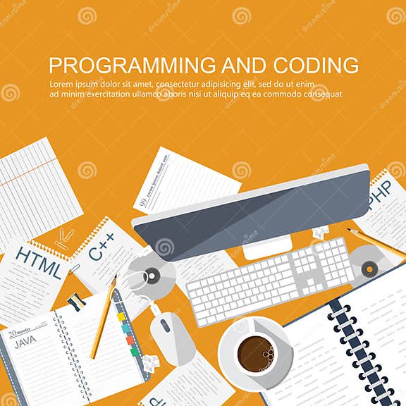 Programming and Coding Concept. Office Desk with Equipment Stock Vector ...