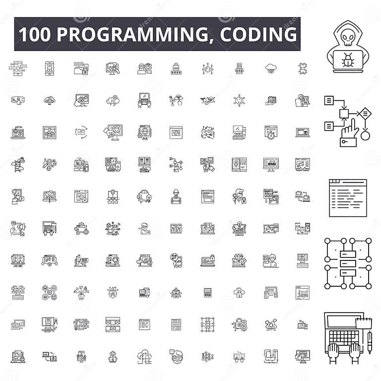 Programming, Coding Editable Line Icons, 100 Vector Set, Collection ...