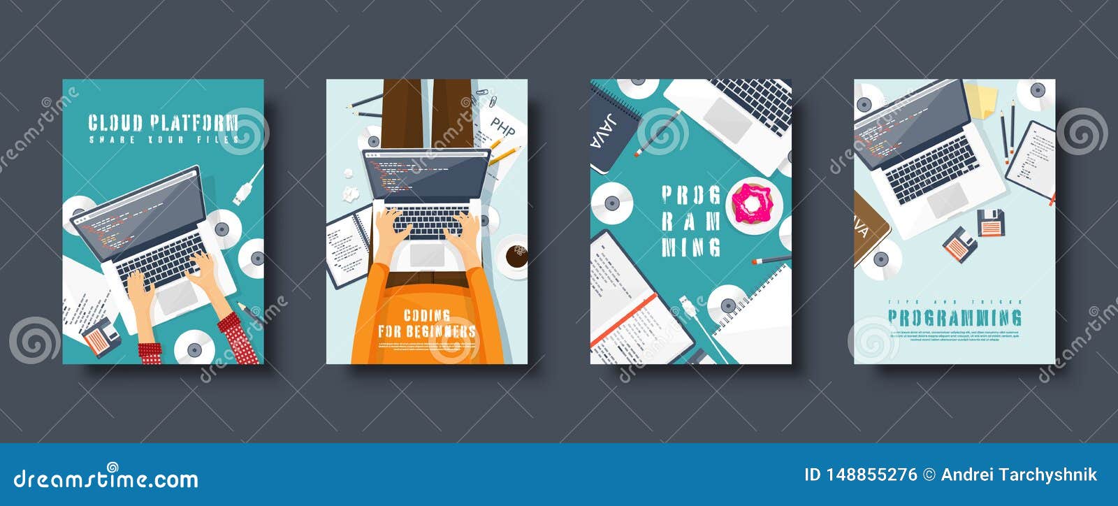 Programming Coding Flat Style Covers Set. Computing Background. Code ...