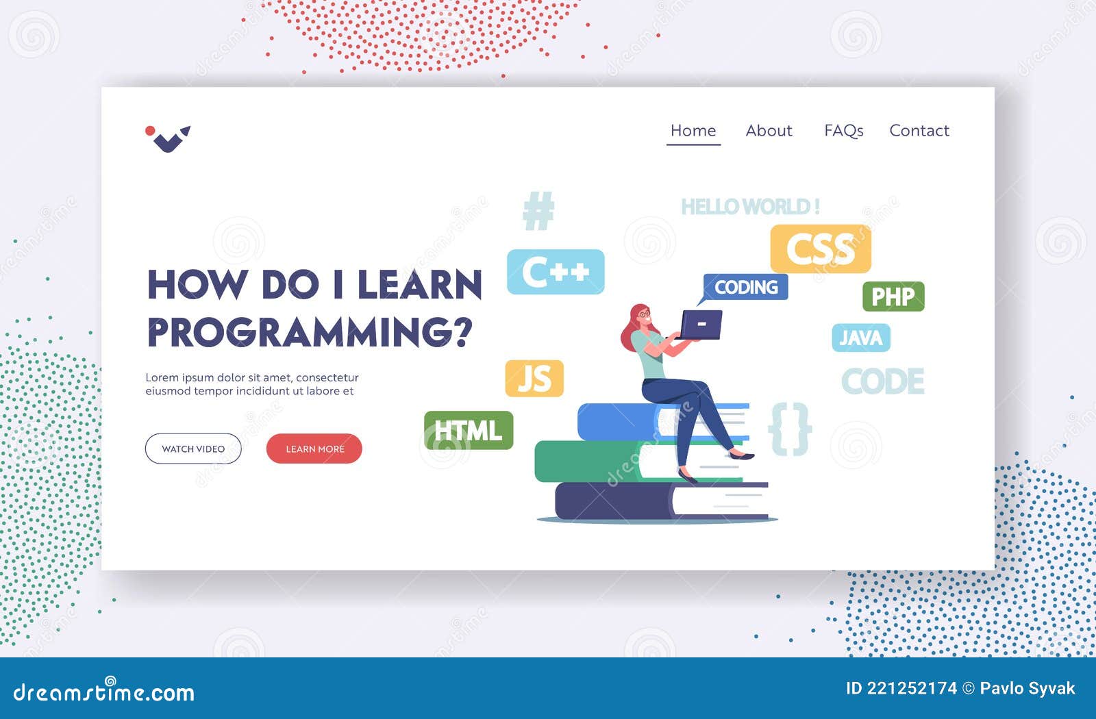 Programming Coding Landing Page Template Programmer Tiny Female Character Sit On Huge