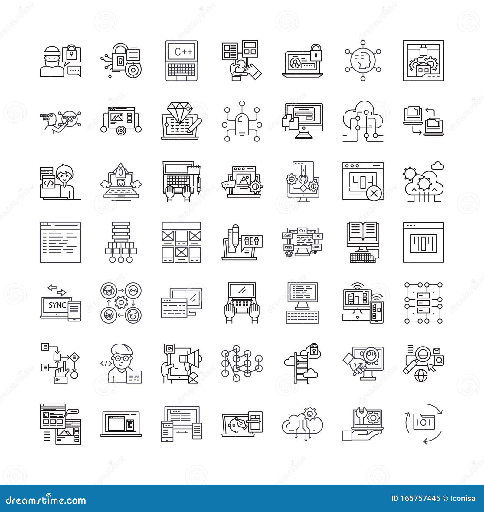 Programming And Coding Linear Icons Signs Symbols Vector Line Illustration Set Stock Vector