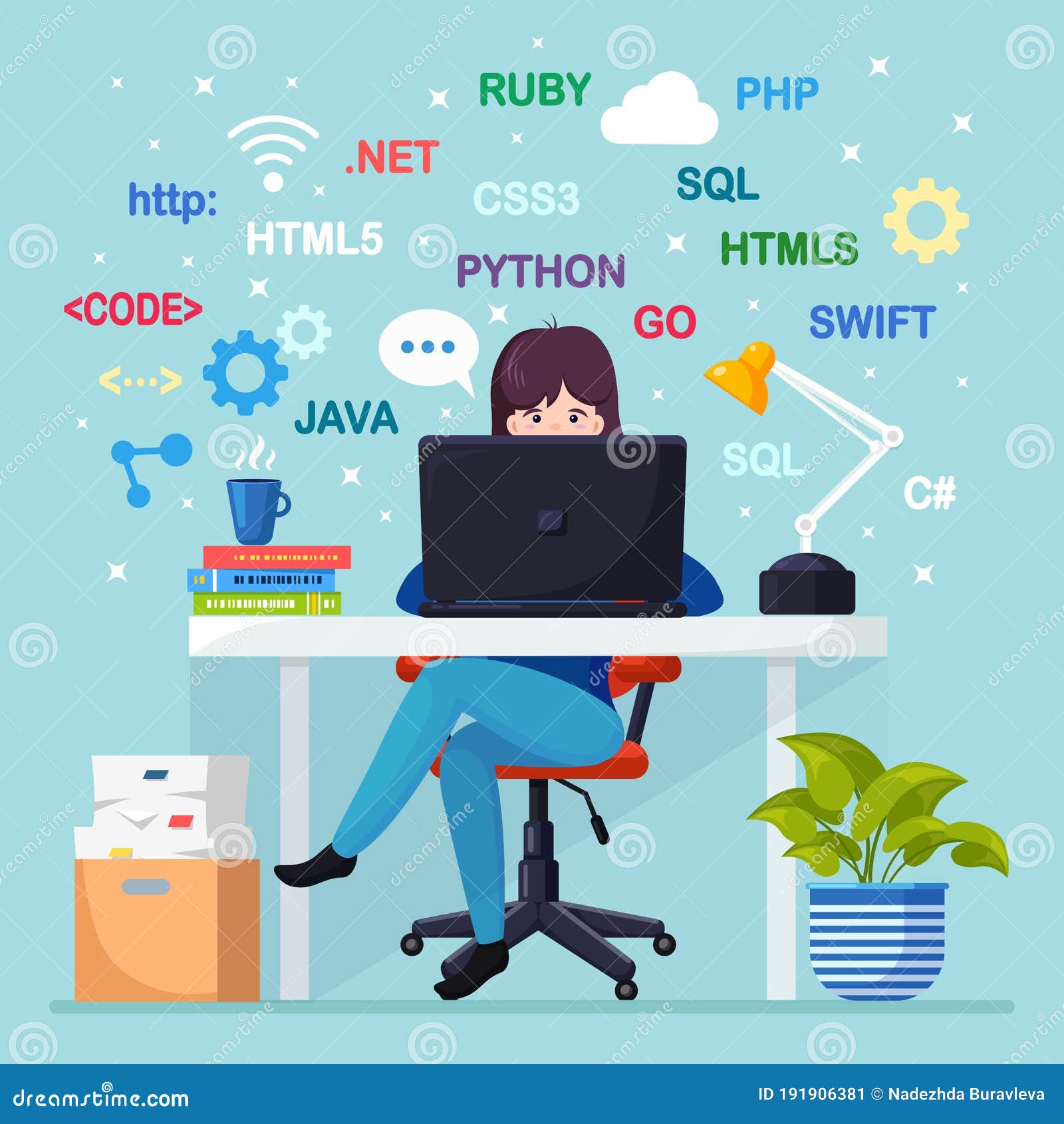 Programming, Coding. Programmer Sitting at Desk and Working. Ofiice ...