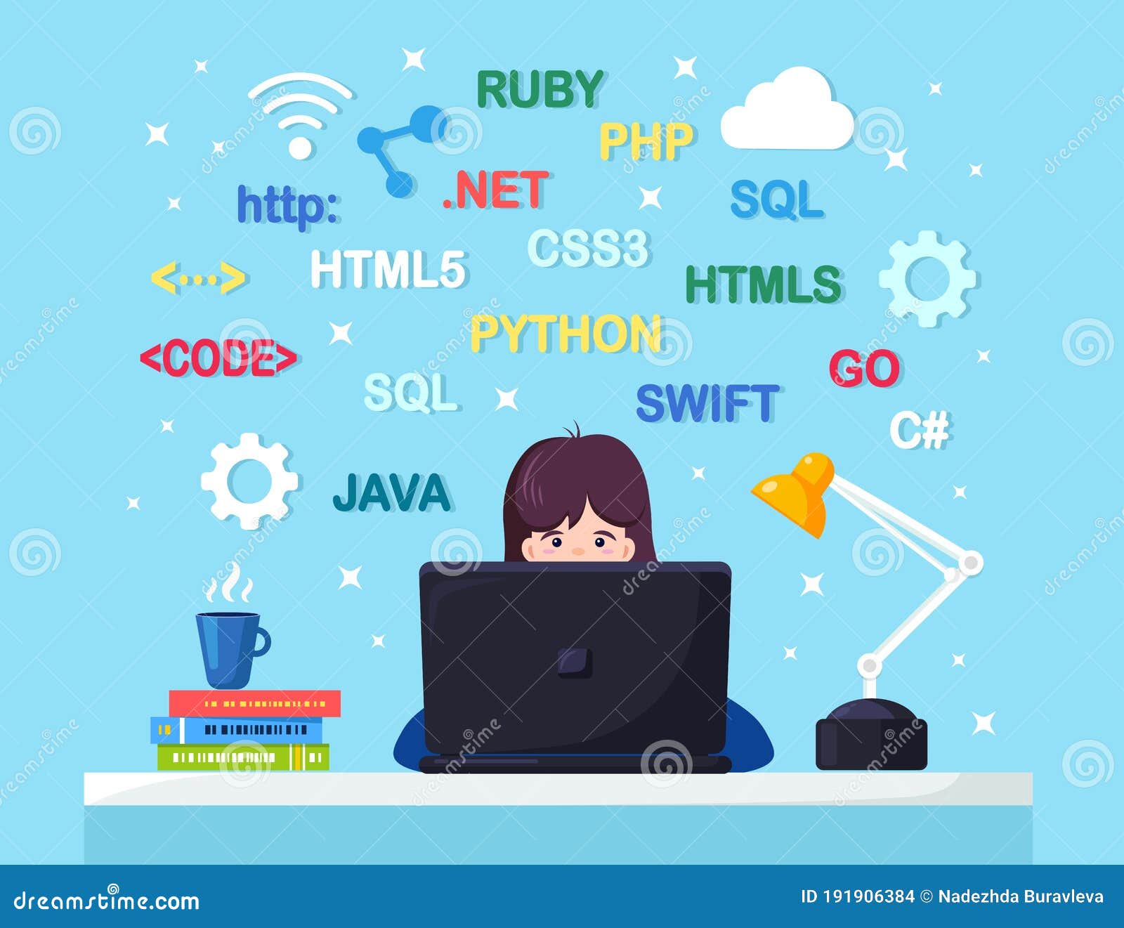 Programming, Coding. Programmer Sitting at Desk and Working. Ofiice ...