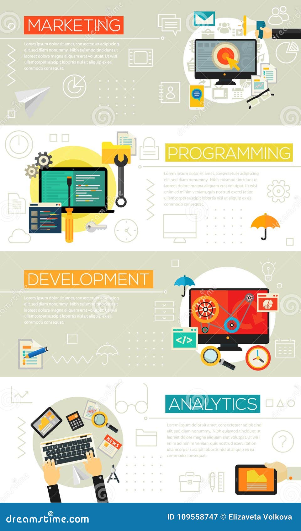 Flat And Linear Concept Banners Programming Development Analytics