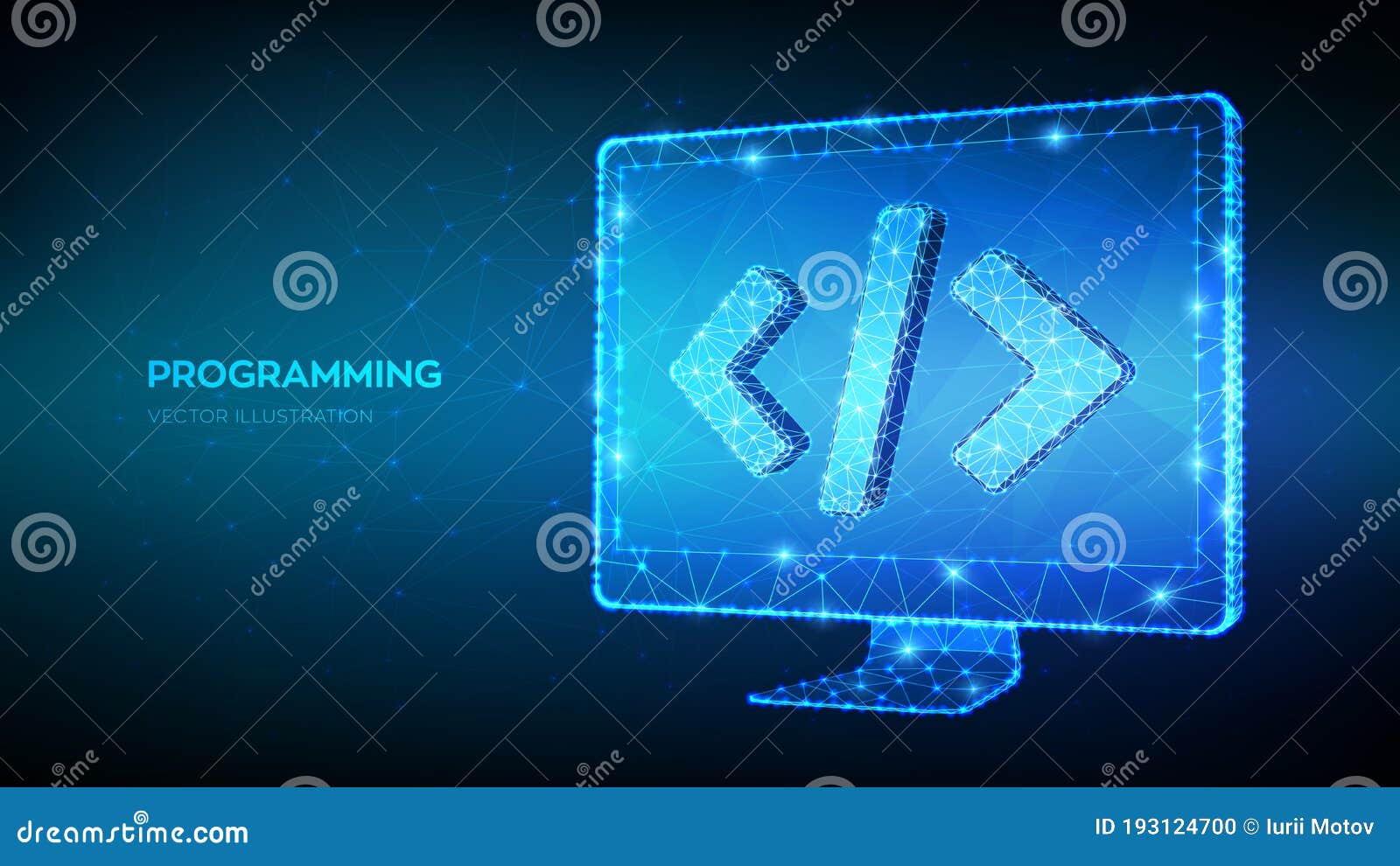 Programming Concept Abstract Low Polygonal Computer Monitor With Programming Code Symbol Stock