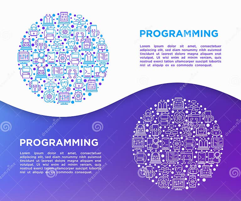 Programming Concept in Circle with Thin Line Icons: Developer, Code ...