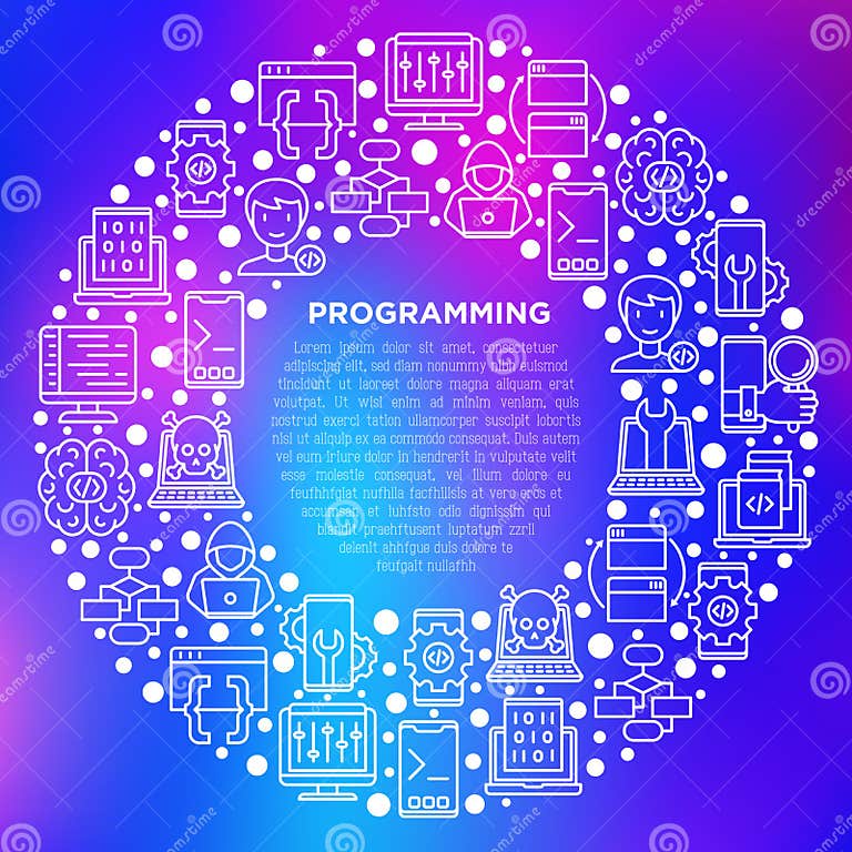 Programming Concept in Circle with Thin Line Icons: Developer, Code, Algorithm, Technical ...