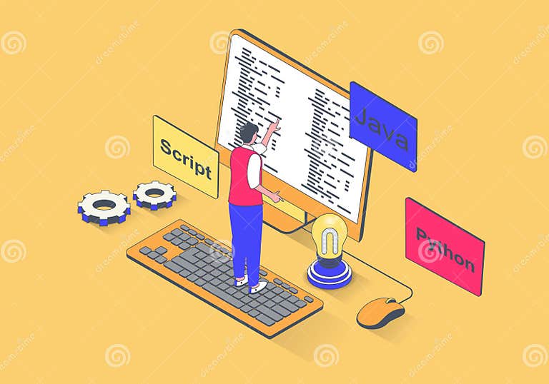 Programming Concept In 3d Isometric Design Man Working With Code Coding Python Language 1934