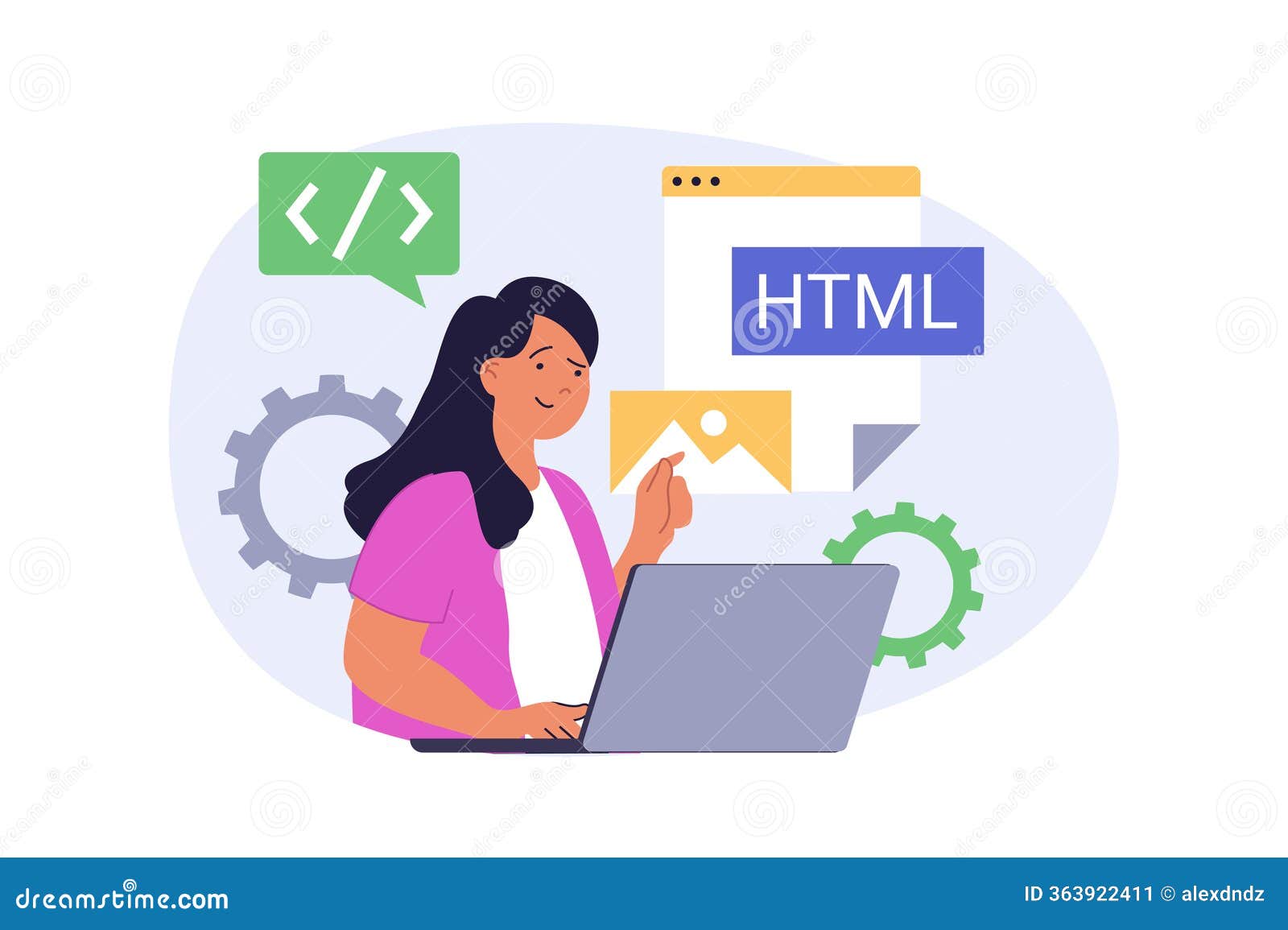 Web Dev Html Css Php Into Computer Frame Cartoon Vector | CartoonDealer.com #26780605