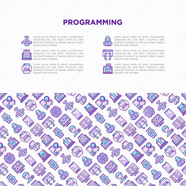 Programming Concept with Thin Line Icons: Developer, Code, Algorithm, Technical Support, Program ...