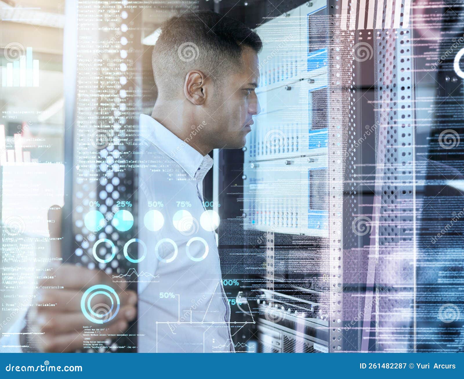 Programming, Database and Digital with a Man Coder Working in a Server Room for it Support or ...