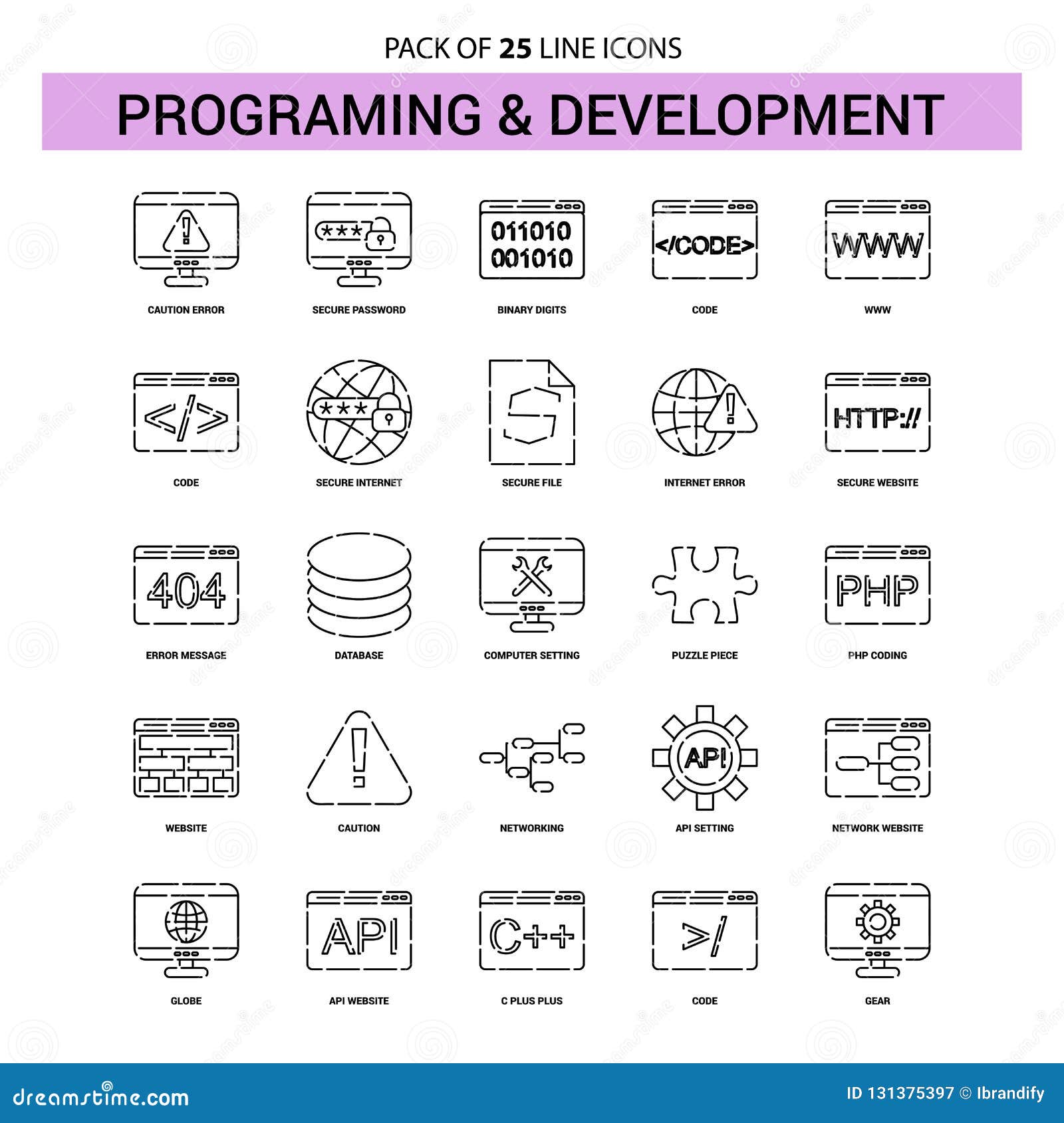 Programming And Developement Line Icon Set 25 Dashed Outline S Stock