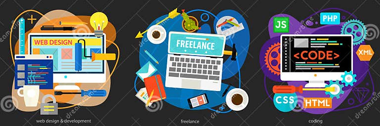 Programming and Development, Analytics and Coding Concept Banners Stock Illustration ...