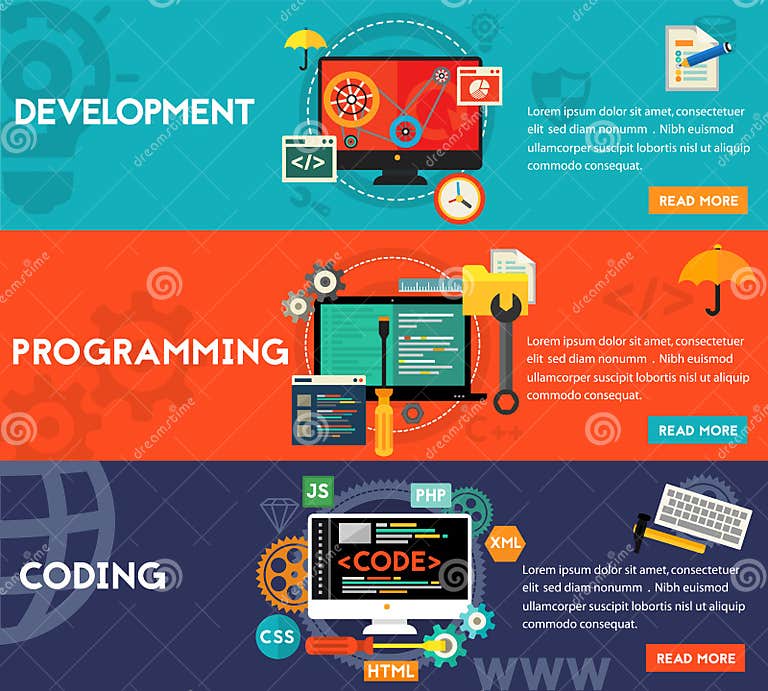 Programming Development And Coding Concept Banners Stock Vector