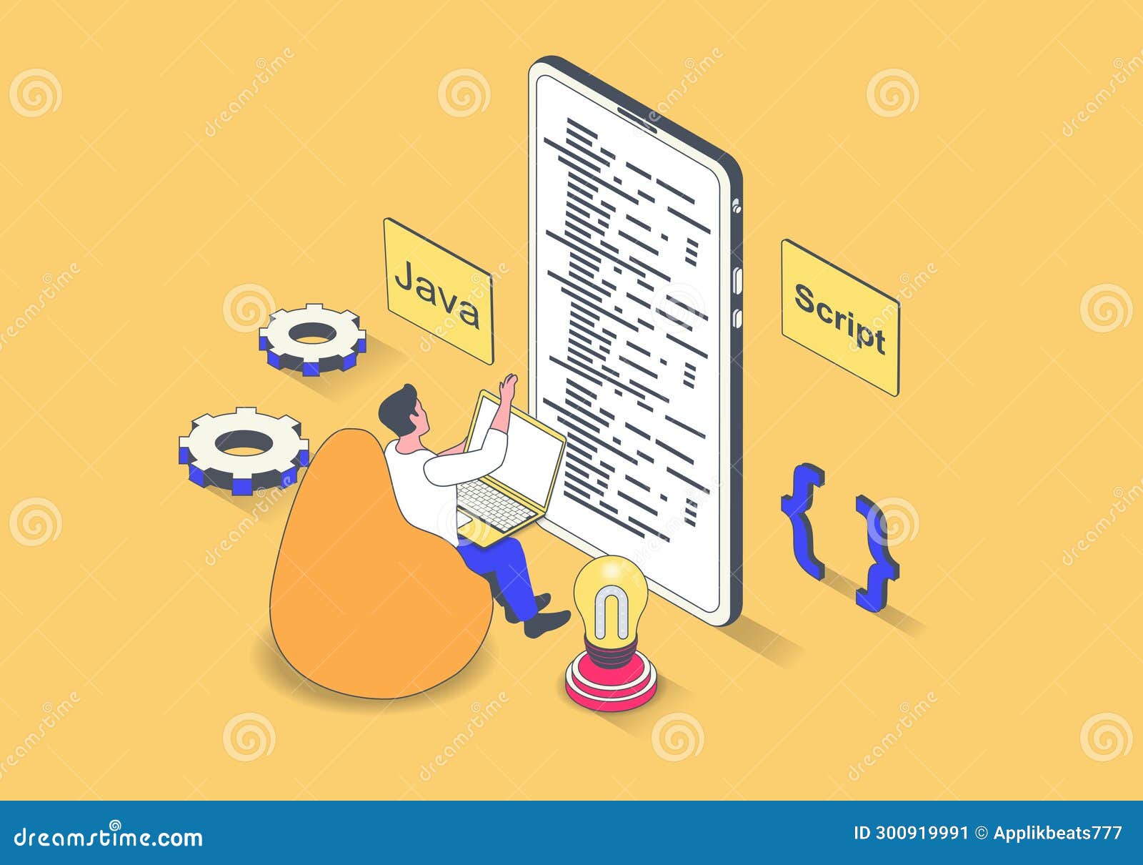 Programming and Development Concept in 3d Isometric Design. Man Creating Code for Mobile ...