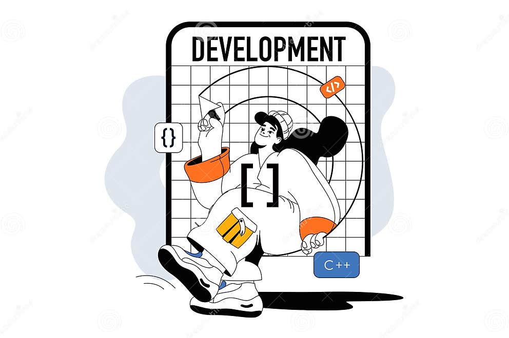 Programming Development Concept with People Scene in Flat Line Design for Web. Stock ...