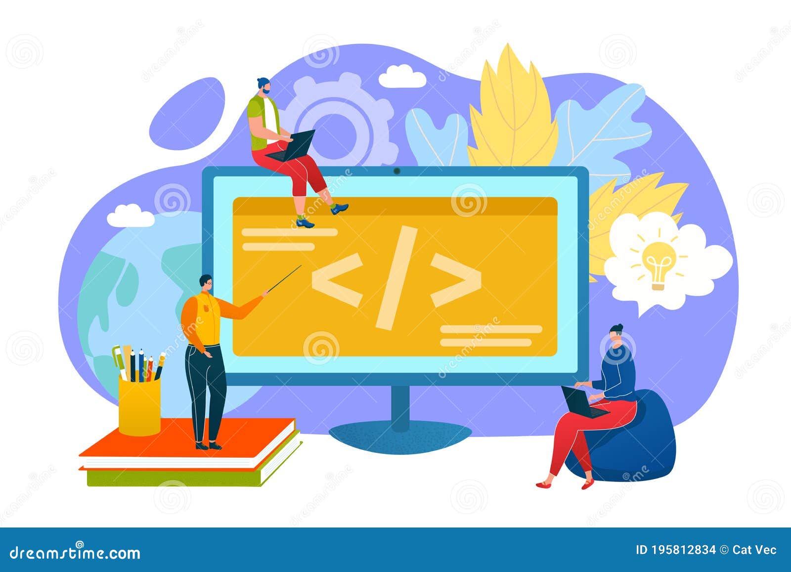 Programming Education Concept Programmers Learn Coding On Computer Vector Illustration People