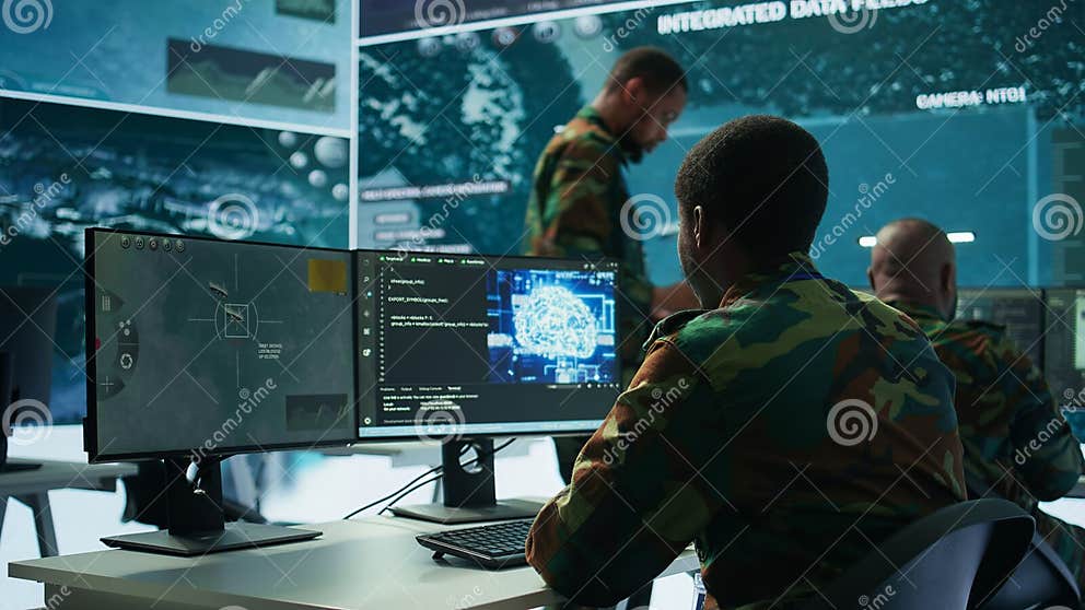 Programming Engineer Soldier Handles AI Brain and Deep Learning Data ...