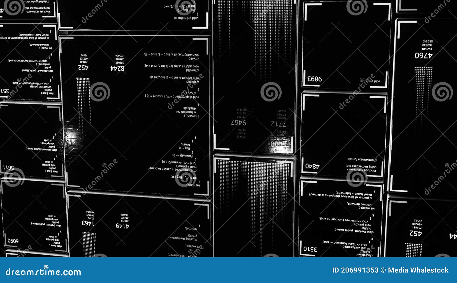 Programming or Hacking White Code on a Black Digital Screen, Encoded Message, Encryption ...