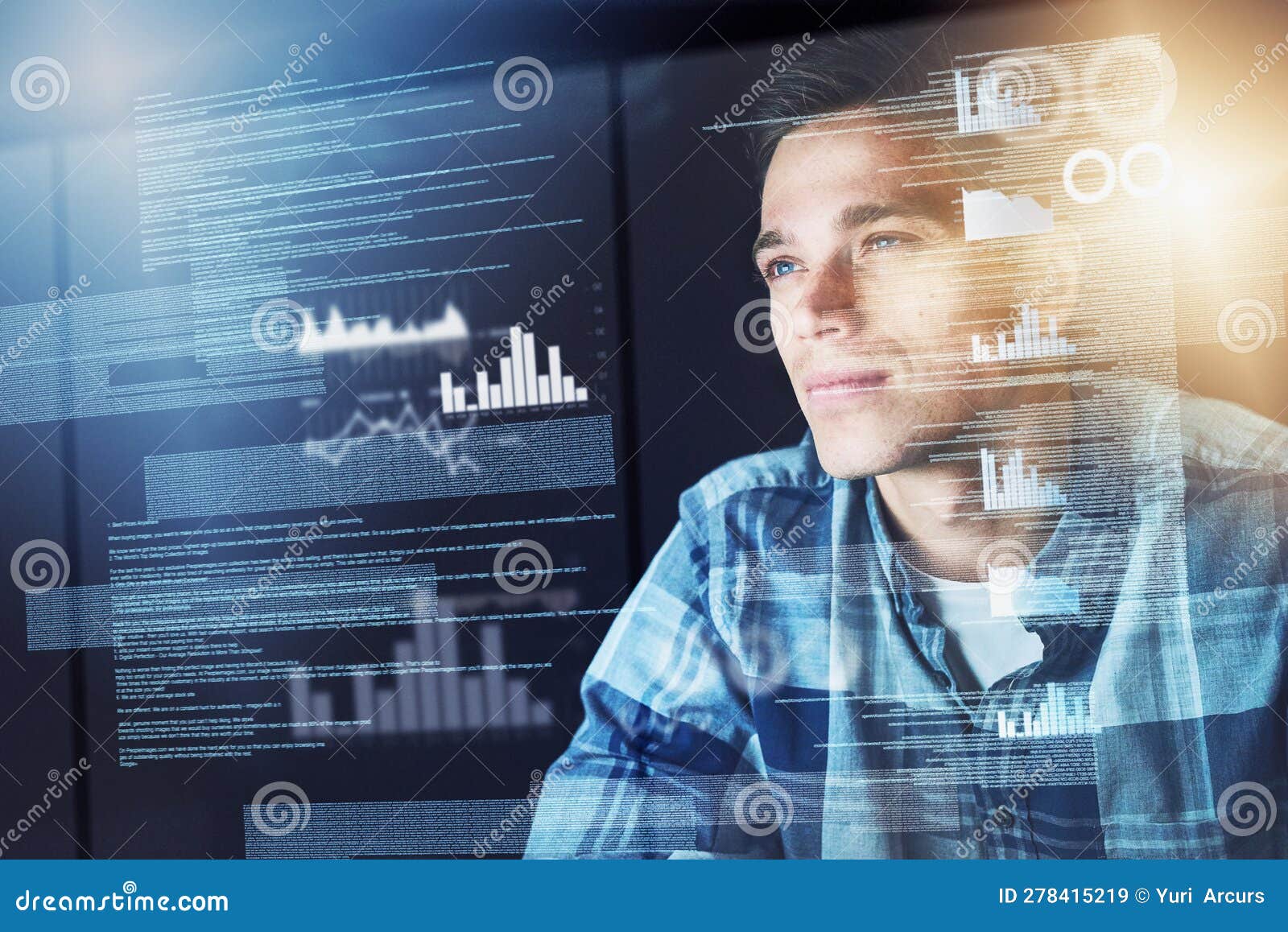 Programming Hologram And Man With Code Coding And Data Analysis With Graphs Charts And Online