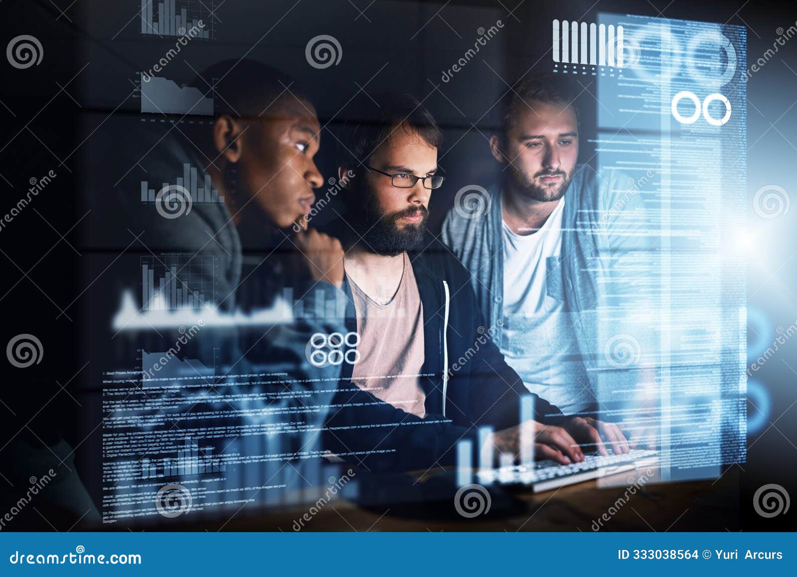 Programming Hologram, Man and Team with Computer at Night for Typing Source Code or Graph Data ...