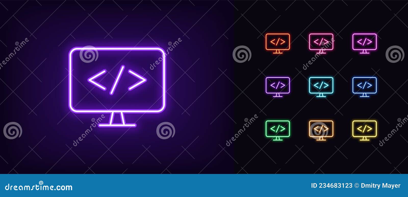 Programming Icon in Outline Neon. Glowing Neon Computer with Code Sign ...