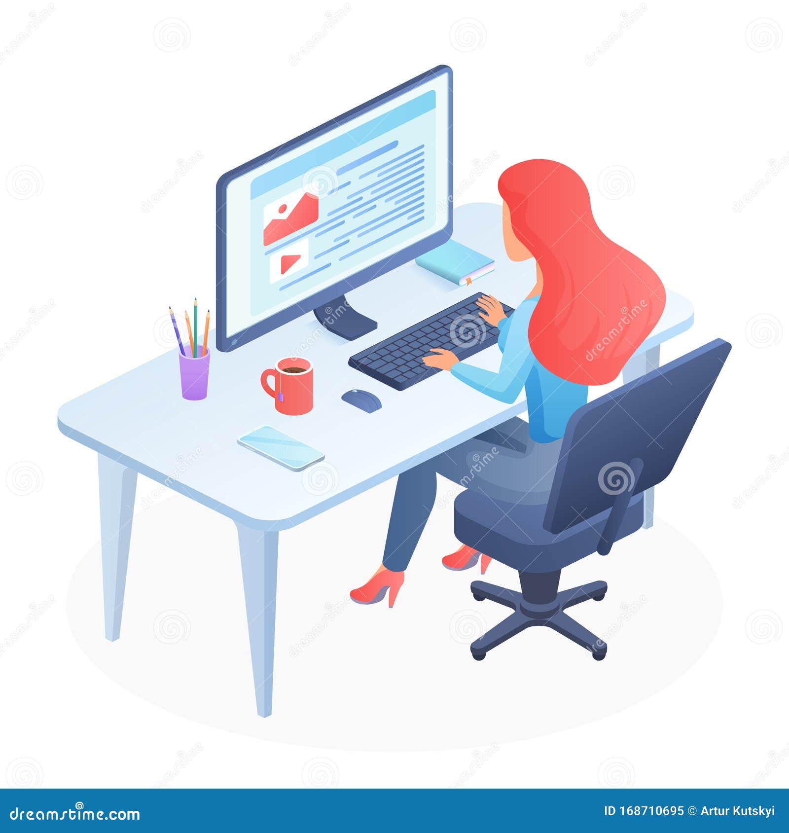 Programming Isometric Woman Vector Illustration Stock Vector