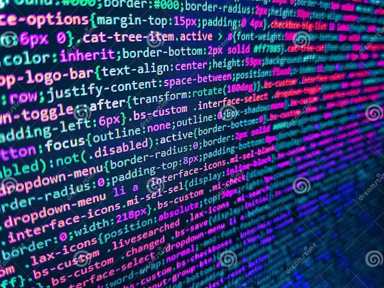 Programming Javascript on Laptop Computer Screen. HTML5 Concept Macro Backdrop in Warm Colors ...