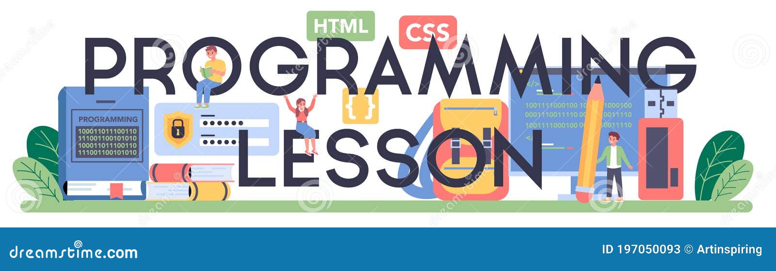 Programming Lesson Typographic Header. Student Write Software Stock Vector - Illustration of ...