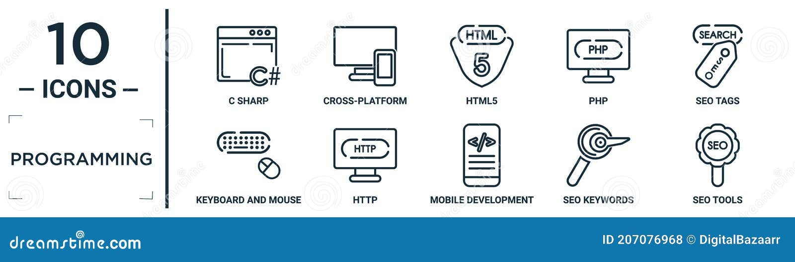 Programming Linear Icon Set. Includes Thin Line C Sharp, Html5, Seo ... Programming Linear Icon Set. Includes Thin Line C Sharp, Html5, Seo ...