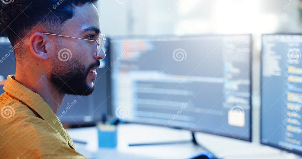 Programming Man Or Smile With Computer Screen For Software Development Reading Information Or