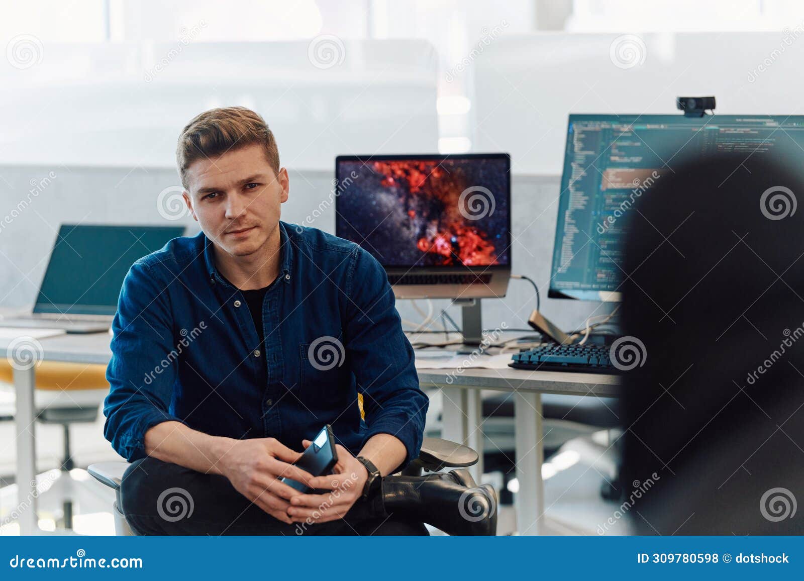 Programming. Man Working on Computer in it Office, Sitting at Desk ...