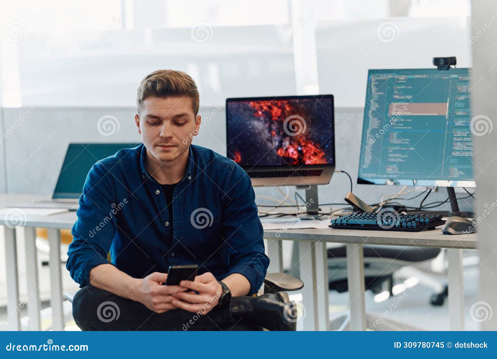 Programming. Man Working on Computer in it Office, Sitting at Desk Writing Codes Stock Image ...