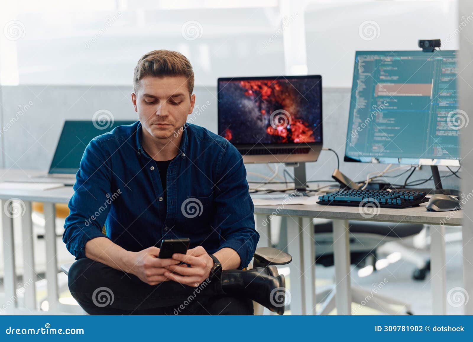 Programming. Man Working on Computer in it Office, Sitting at Desk Writing Codes Stock Photo ...
