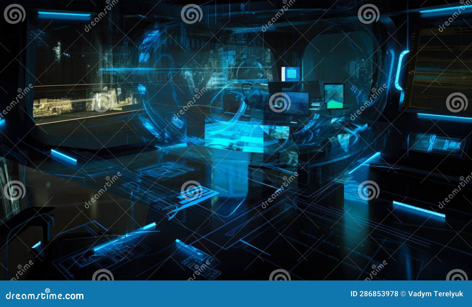 Programming Science Futuristic Concept. Digital Room with Computer ...