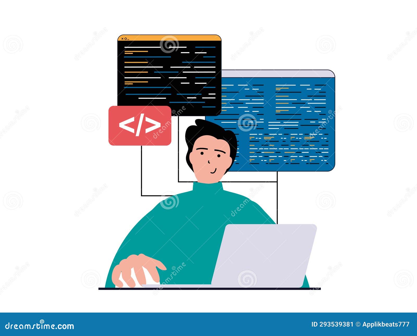 Programming Software Concept With Character Situation Man Working With Program Code At Laptop