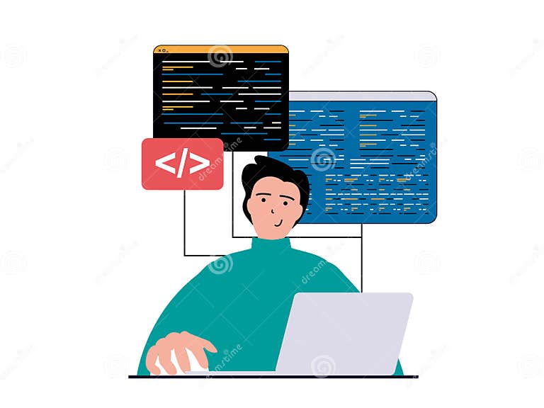 Programming Software Concept with Character Situation. Man Working with Program Code at Laptop ...