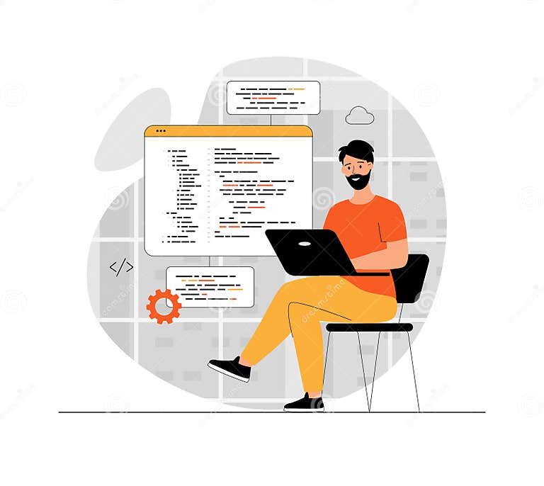 Programming Software Concept. Man Write, Test and Optimize Code, Work ...