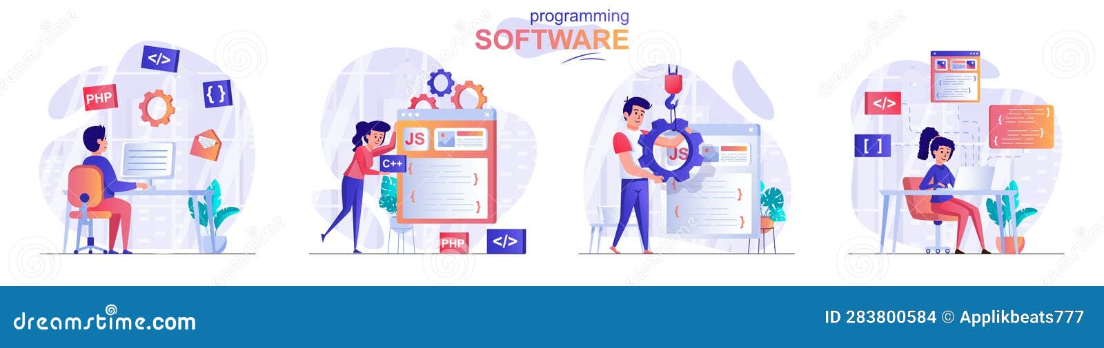 Programming Software Concept Scenes Set. Developers Create Software ...