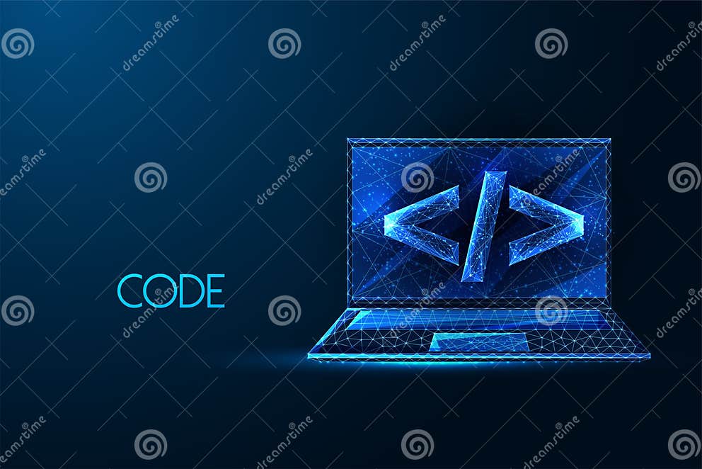 Programming, Software Development Futuristic Concept with Laptop and Coding Symbol Stock Vector ...